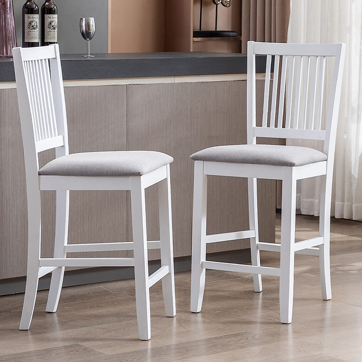 DUHOME Wood Bar Stools Set of 2, Counter Height Chairs Upholstered Barstool with Backrest Farmhouse Counter Stools for Kitchen Islands, White