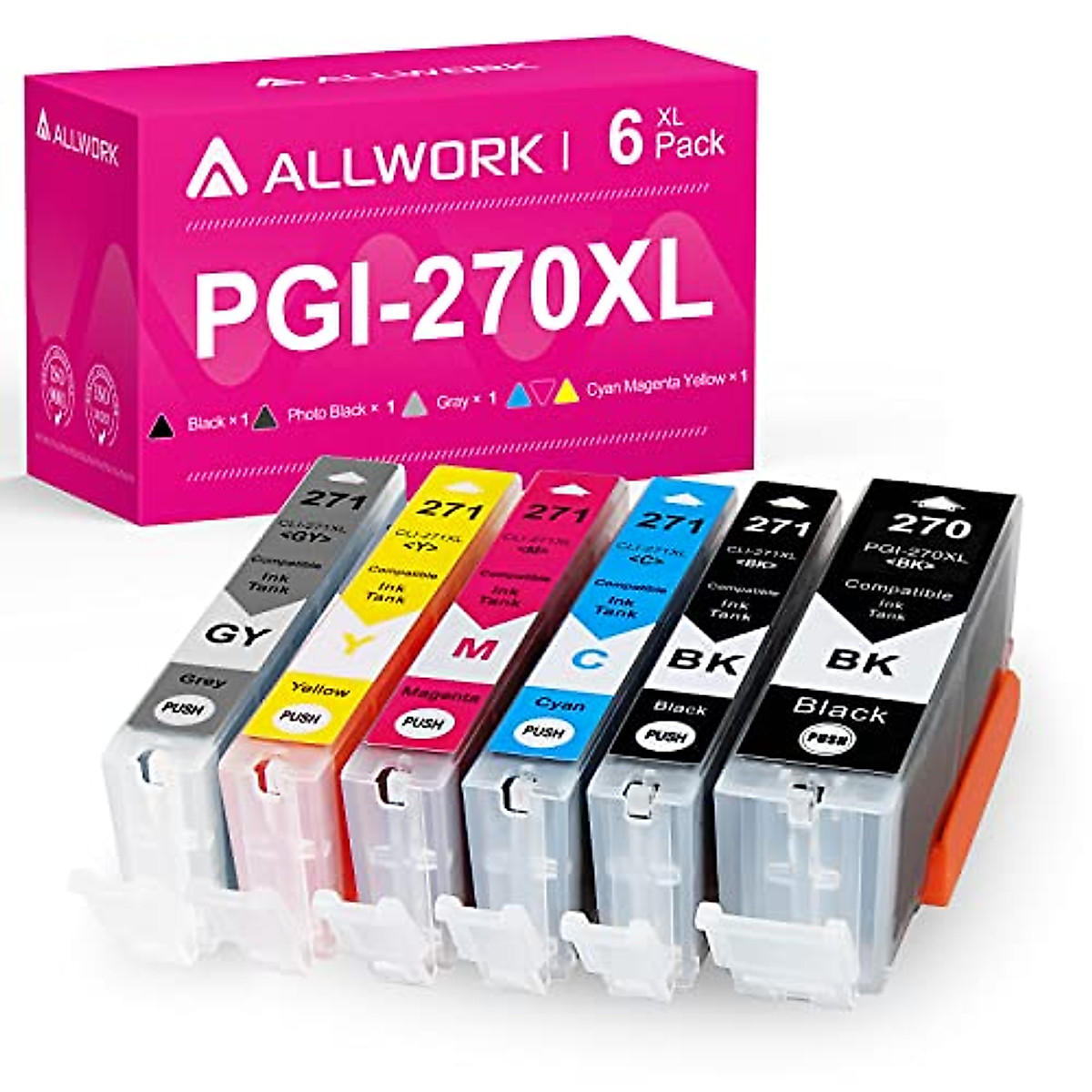 Allwork Compatible PGI-270XL CLI-271XL Ink Cartridge Replacement for Canon 270XL 271XL use for Pixma MG7720 TS9020 TS8020 MG7700 Printer (1 PGBK 1 Black 1 Gray 1 Cyan 1 Magenta 1 Yellow) 6 Pack