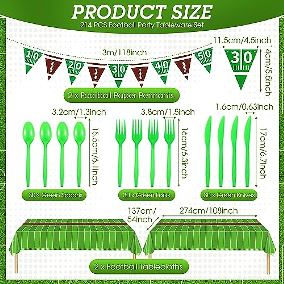 Preboun 214 Pcs Football Party Supplies Dinnerware Set for 30 People, Football Party Decorations Including Plates, Cups, Napkins, Tablecloth, Banner, Knives Forks and Spoons Set for Sports Birthday