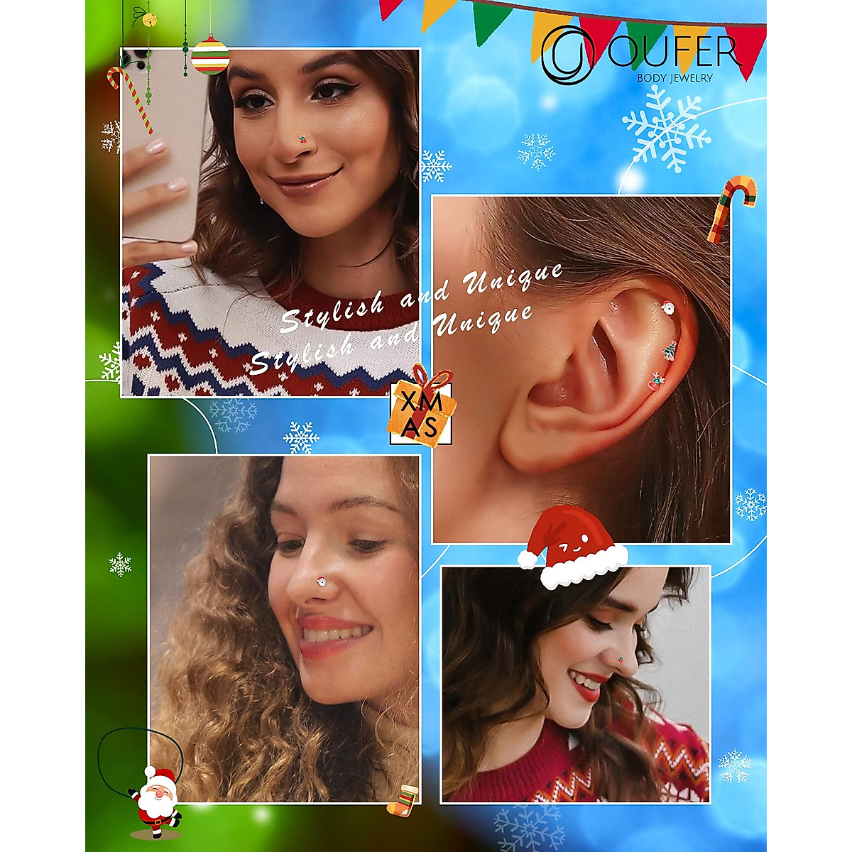 OUFER 20G Nose Studs, Christmas Elements L-Shaped Nose Piercing Jewelry, 316L Stainless Steel Nose Ring Stud, Nostril Piercing Jewelry for Women And Men