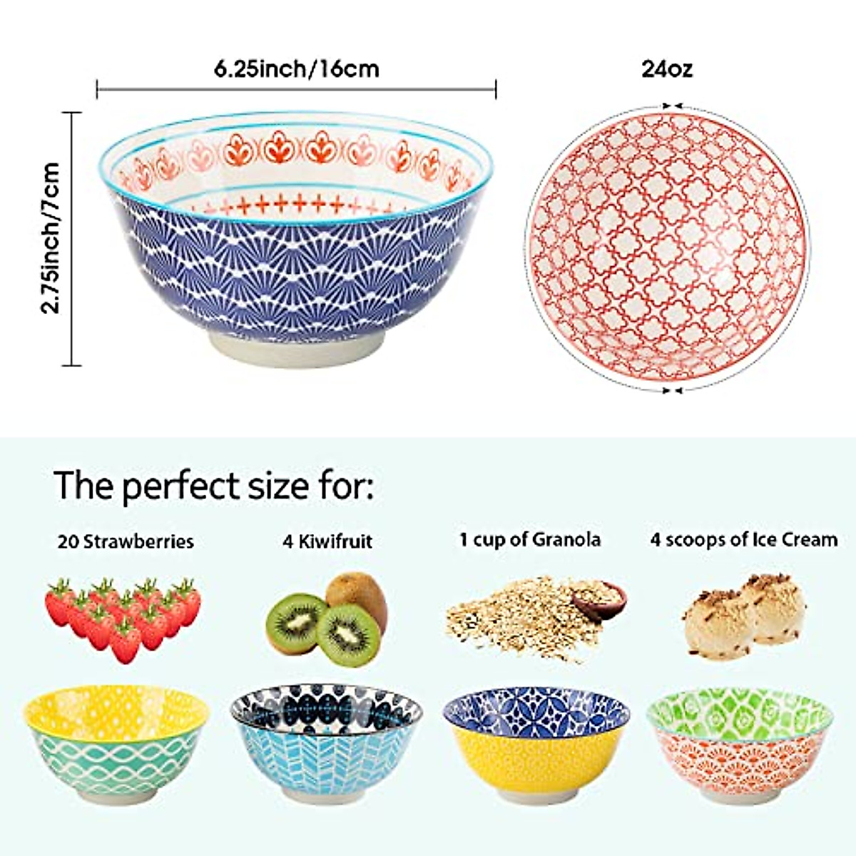 DeeCoo 6 Pack 24 oz Premium Porcelain Bowls Set, Cereal Bowls, Ceramic Bowls for Soup, Salad, Pasta, Rice, Large Capacity Ramen Bowls, Heat and Cold Resistant, Microwave and Dishwasher Safe Bowls