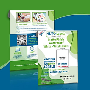 Custom Printable Matte Vinyl Stickers - 25 Sheets - Waterproof, Tear Resistant Full Sheet Label for Inkjet & Laser Printers & All Cutting Machines - 8.5 x 11" - Customizable Blank White Stickers