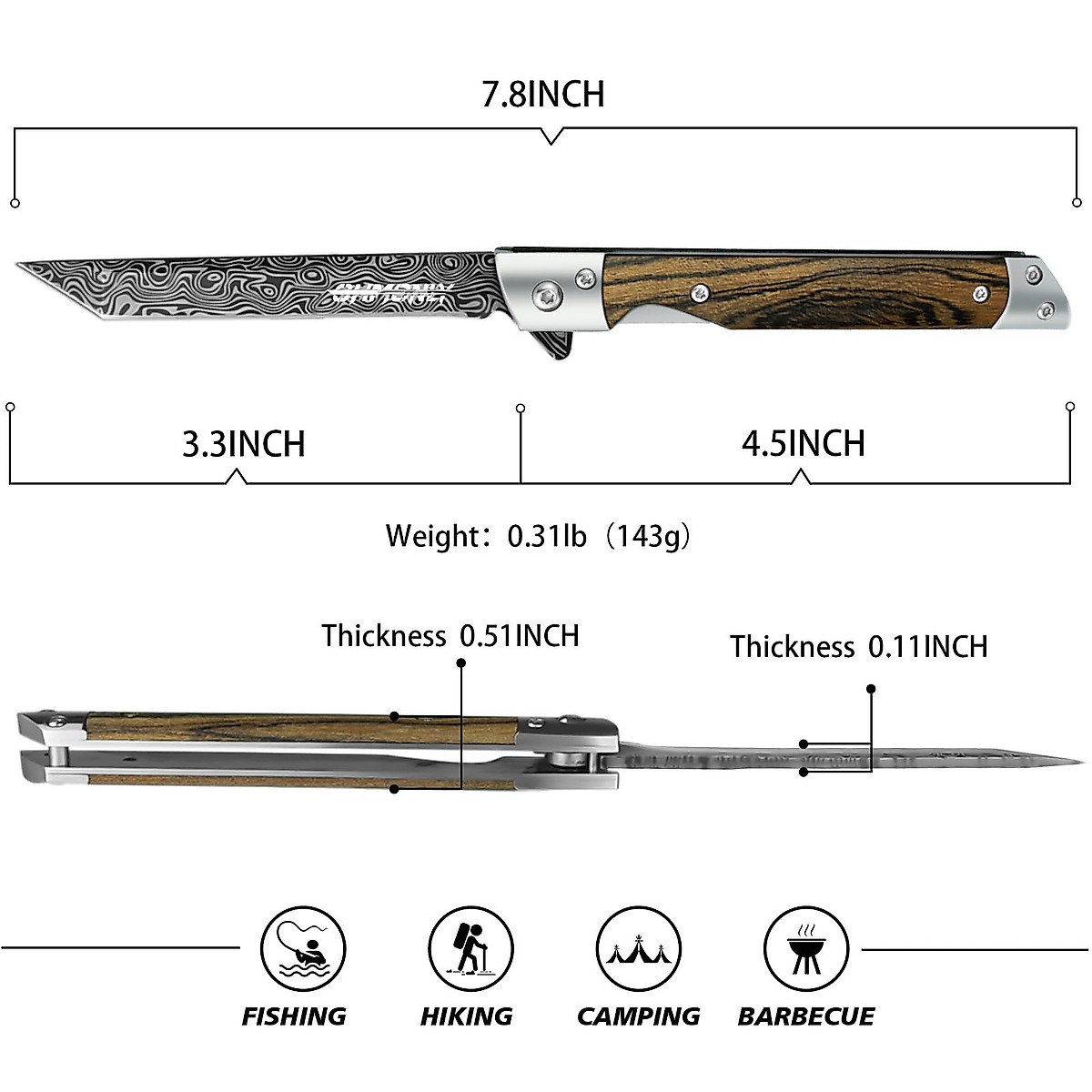 ohmonlyhoo Folding Knife, 3.5 inch Pocket Knife for Men with Wooden Handle,Tanto Knife with Stainless Steel Blade, for Men and Women