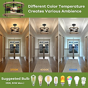 Lakumu 2-Light Retro Semi Flush Mount Ceiling Light Fixture, Rustic Vintage Wood Ceiling Light Black Metal, Industrial Farmhouse Ceiling Lamp for Hallway Entryway Bedroom Balcony Farmhouse Dining Room