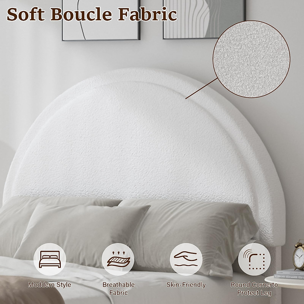 REVOMINCA Twin Size Bed Frame, Upholstered Boucle Bed Frame with Headboard, Modern Twin Beds, Soft Arch Shaped Round Headboard, No Box Spring Required, Easy Assembly, White