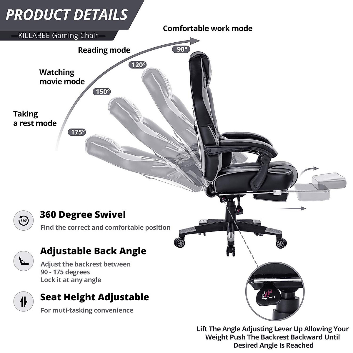 KILLABEE Massage Gaming Chair High Back PU Leather PC Racing Computer Desk Office Swivel Recliner with Retractable Footrest and Adjustable Lumbar Support, Gray/Black