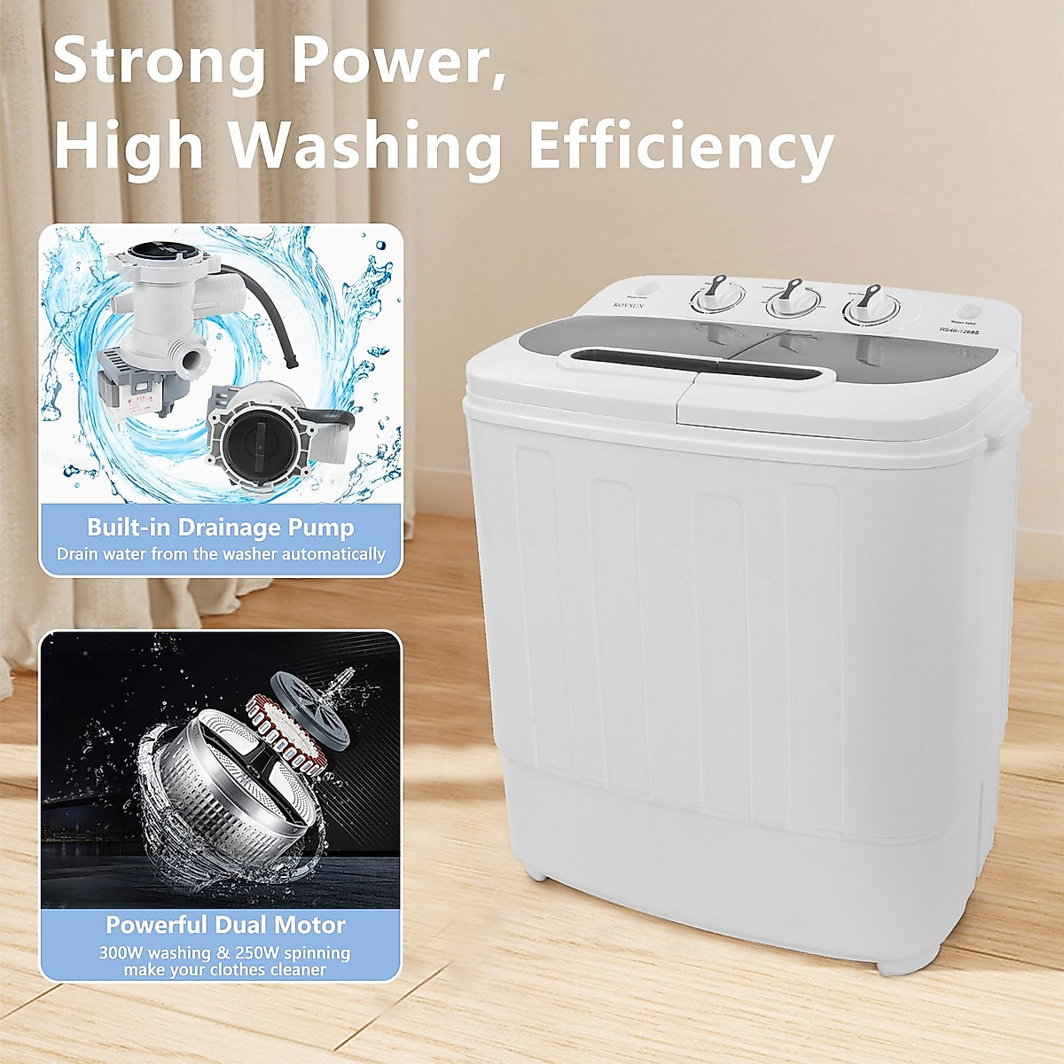 ROVSUN Portable Washing Machine, 15LBS Mini Compact Twin Tub with Washer(9lbs) & Spiner(6lbs) & Built-in Pump Draining for Apartment Camping College Dorm Home RV