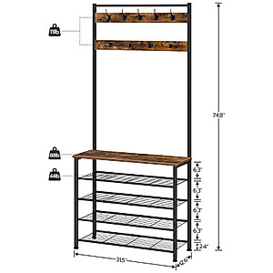 HOOBRO Hall Tree, Coat Rack with Shoe Rack, Hall Tree with Bench, 5 Tier Shoe Storage Organizer with 9 Hooks for Entryway, Closet, Sturdy, Industrial, Rustic Brown and Black BF80MT01G2
