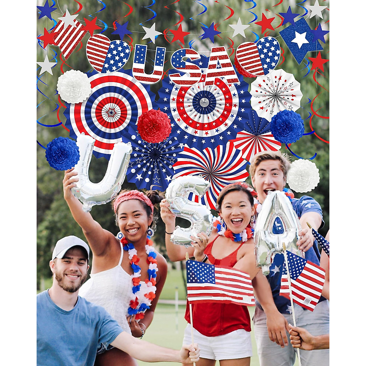 26 Pcs 4th of July Decorations Outdoor, Patriotic Decorations LOVE USA Banner Red White Blue Paper Fans Hanging Swirls Pompoms Independence Day Decor for Veterans Day, Memorial Day, Fourth of July