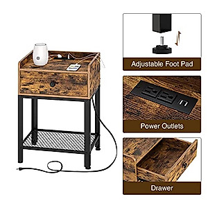 Rolanstar Nightstand with Charging Station and USB Ports, Rustic End Table with Drawer and Metal Shelf for Bedroom, Living Room, Rustic Brown