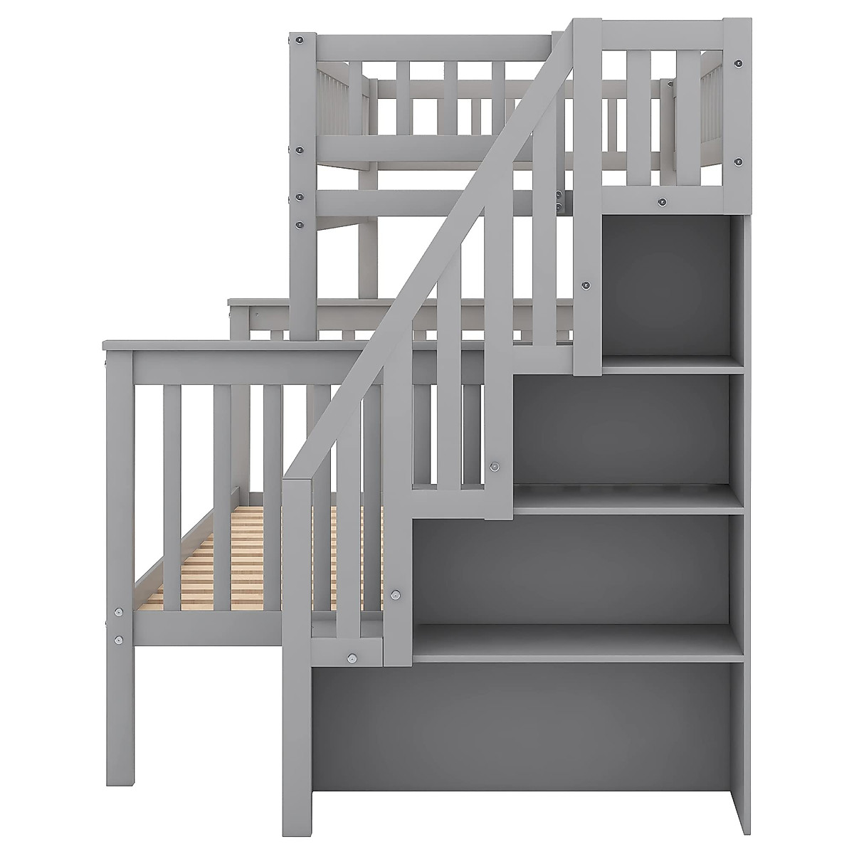 Polibi Twin Over Full Stairway Bunk Bed, Solid Wood Bunk Bed with Storage Shelves， No Spring Box Needed, Grey