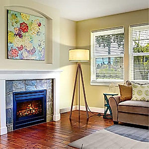 LEPOWER Wood Floor Lamp Tripod, Modern Design Mid Century Standing Lamps for Living Room,Bedroom and Office, Flaxen Lamp Shade with E26 Lamp Base