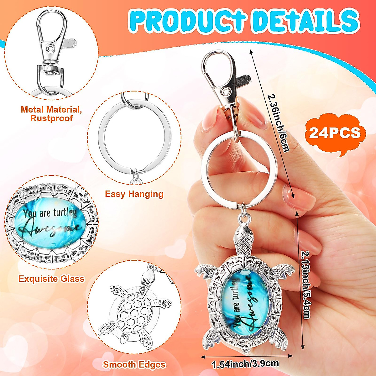 Huquary 24 Pcs Sea Turtle Keychain Inspirational Turtle Gifts for Turtle Lovers Beach Keychain Sea Turtles Key Ring Turtle Charm Inspirational Gifts Women Coworker Teachers Friend Appreciation Gifts