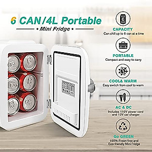 CROWNFUL Mini Fridge, 4 Liter/6 Can Portable Cooler and Warmer Personal Refrigerator for Skin Care, Cosmetics, Beverage, Food,Great for Bedroom, Office, Car, Dorm, ETL Listed (White)