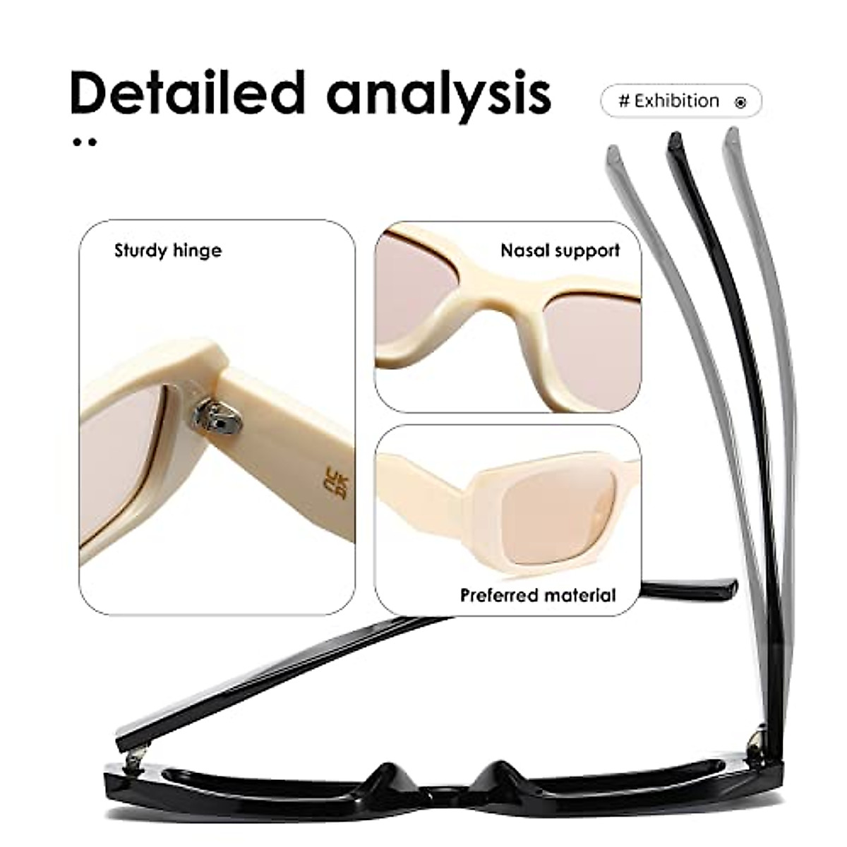 kimorn Rectangle Sunglasses for Women Men Trendy Retro Trendy Sun Glasses 90’s Vintage Square Frame K1307 (Black+Off-white Frame Grey Lens)