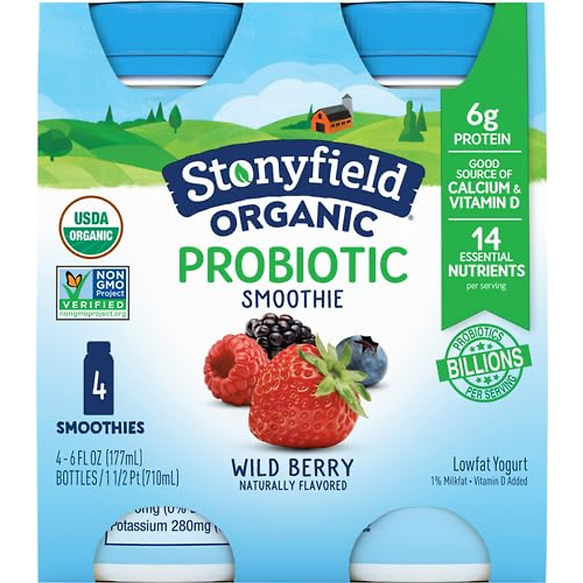 Stonyfield Organic, Low Fat Wild Berry Smoothie, 6 Fl Oz Bottles, 4Ct