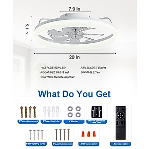 AQUBT Ceiling Fans with Lights and Remote, 20" Modern Low Profile Ceiling Fan with Light, Stepless Color Temperature Change and 6 Speeds, Flush Mount Ceiling Fans for Bedroom, Kids Room.（White）
