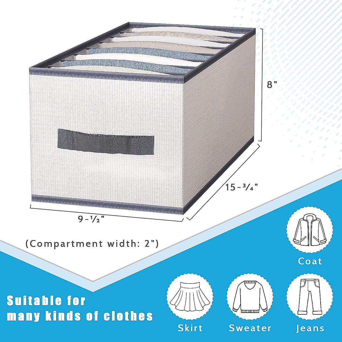 Bosuelife 3 Pack Wardrobe Clothes Organizer for Jeans Sized 0-10, 8 Compartments Waterproof Mesh Closet Organizer, Dimension 15-3/4" x 9-1/2"x 8" (Compartment width: 2")