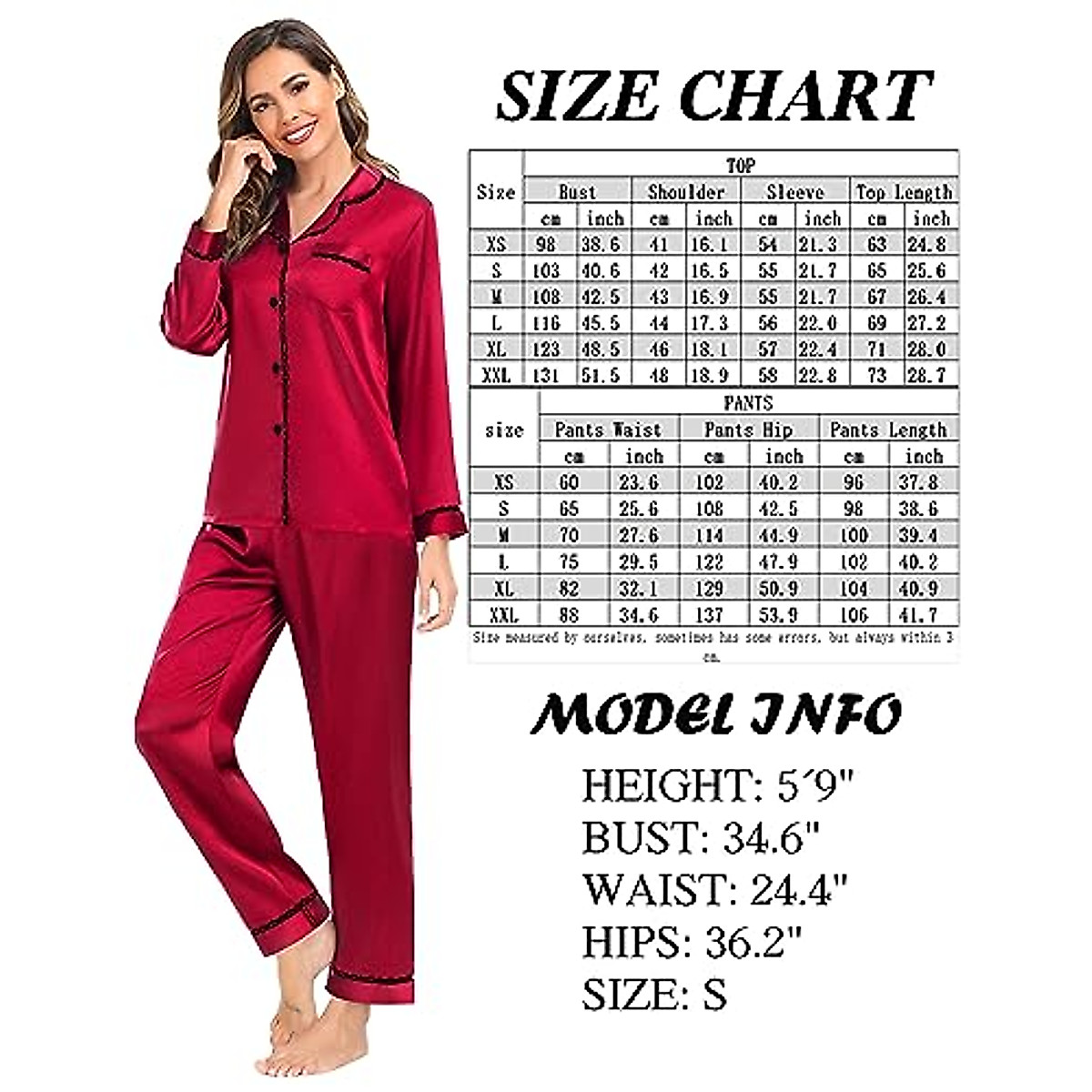 SWOMOG Womens Silk Satin Pajamas Silk Lounge Sets Two Piece Long Sleeve Button Up Shirts and Lounge Pants Set Comfy Soft Red