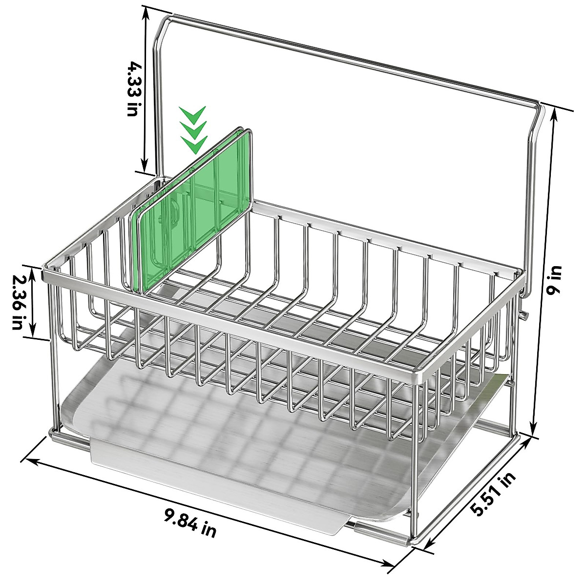 JANE EYRE Kitchen Sink Caddy - Sponge Brush Holder with Removable Slope Drip Tray SUS304 Stainless Steel Rustproof Sink Rack,(H) 9 in x (D) 5.5 in x (L) 9.84 in (Silver)