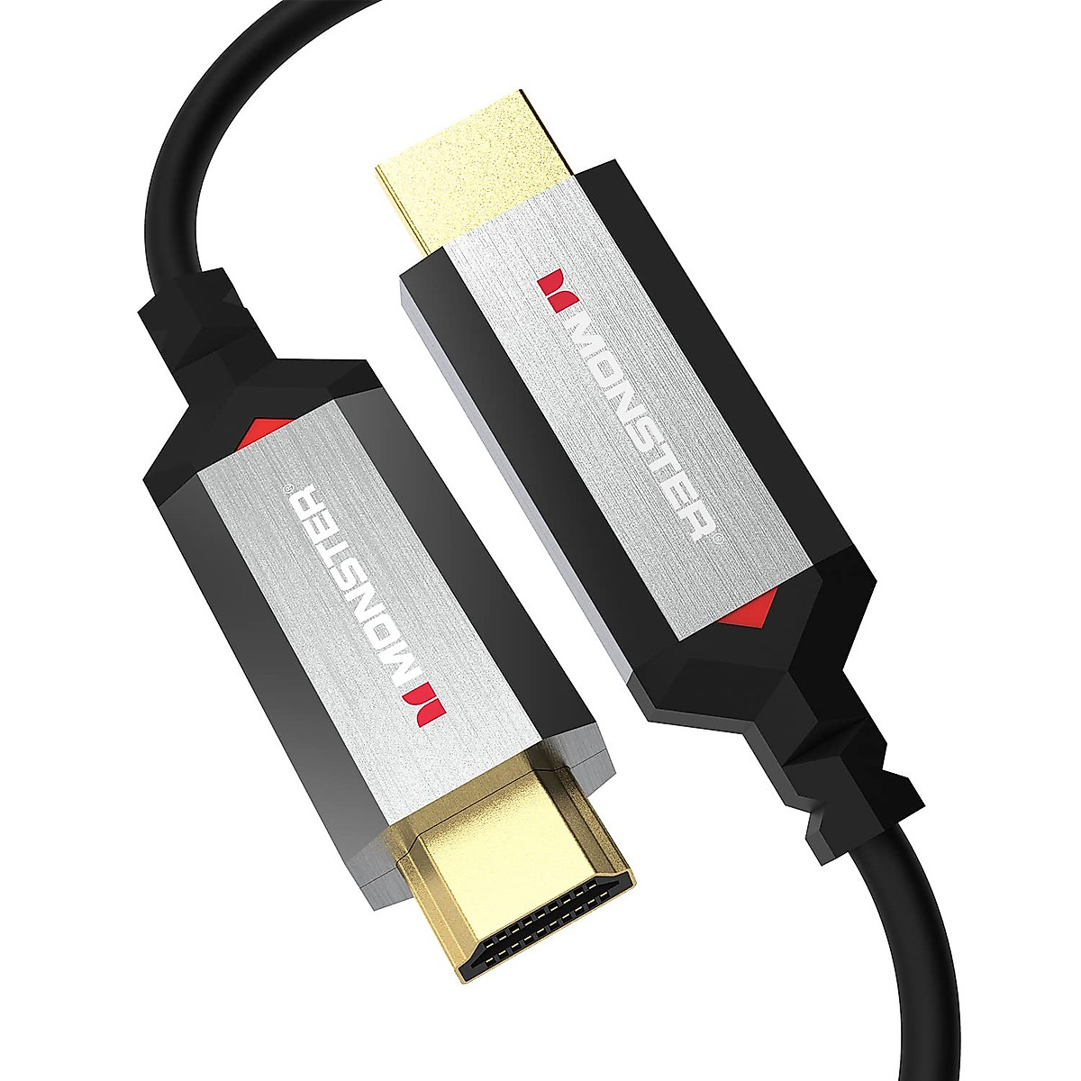 Monster Essentials Directional Fiber Optic HDMI 2.1-48 Gbps Active Optical Cable Featuring Aluminum Extrusion Connector - Supports 8K @ 60HZ, 4K @ 120HZ, Premium Certified, V-Grip, 50ft