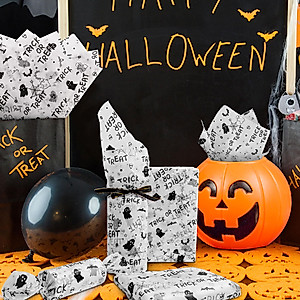 MR FIVE 30 Sheets Large Size Halloween Tissue Paper Bulk,20"x 28",Trick or Treat Tissue Paper for Gift Bags,White with Black Trick or Treat Pattern Tissue Paper for Halloween Party