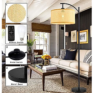 QIYIZM Floor Lamp with Remote Arc Boho Rattan Standing Lamp,Farmhouse Dimmable Industrial Black Wicker Floor Light Rustic Adjustable Tall Lamp,Bamboo Lamp Shade Floor Lamps for Living Room Bedroom