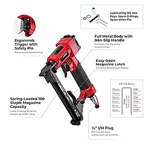 INTERTOOL Pneumatic 21 Gauge 8016 Upholstery Furniture Staple Gun, Air-Powered Fine Wire Woodworking Stapler, Metal Body with Case, 1/2-inch Wide Crown, 5/32-inch up to 5/8-inch Staples PT08-1610