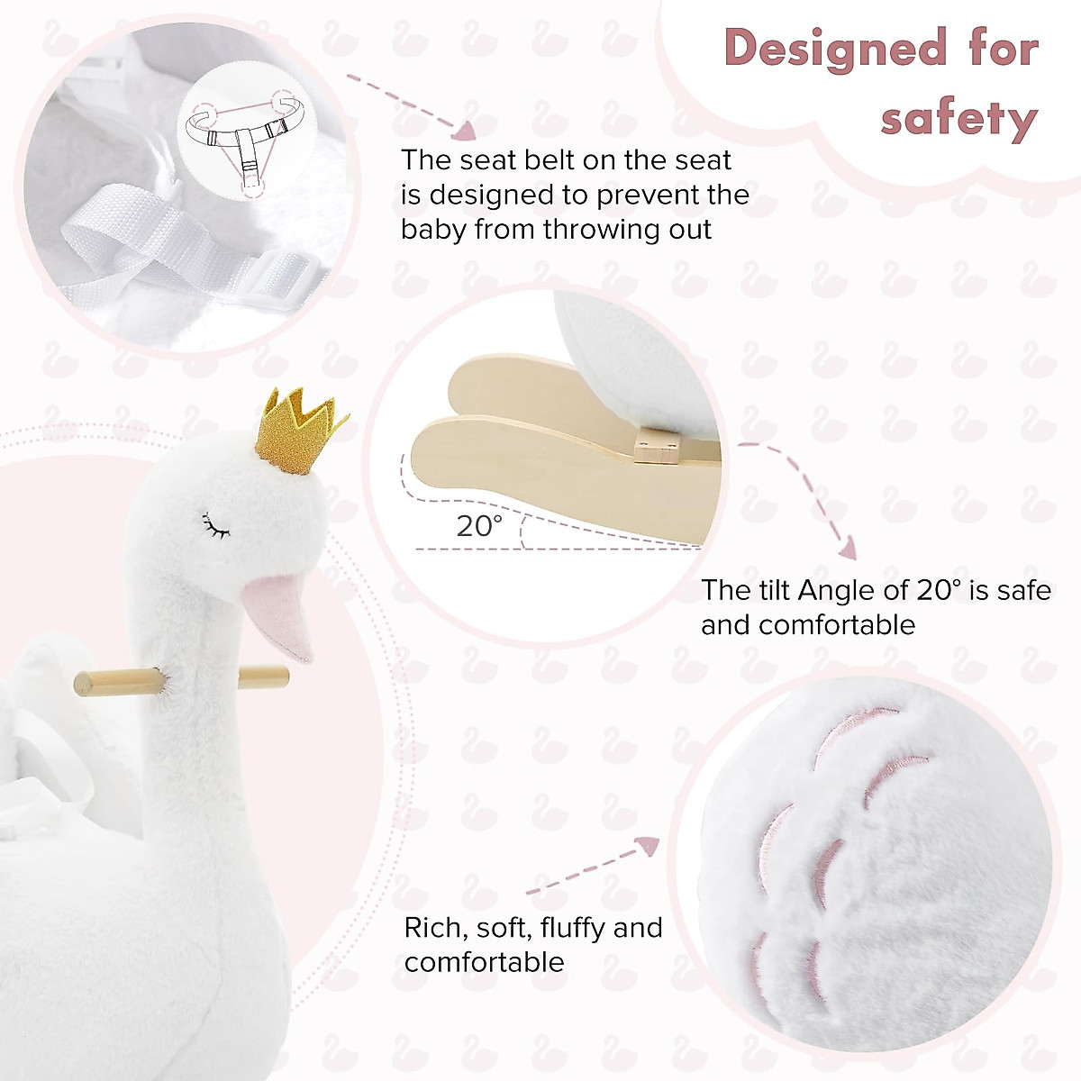 labebe - Plush Rocking Horse Wooden, Baby Riding Animal White Swan, Kid Ride On Toy for 1-3 Year Old, Girl&Boy Stuffed Rocking Animal Outdoor, Nursery/Infant/Child Christmas or Birthday Gift