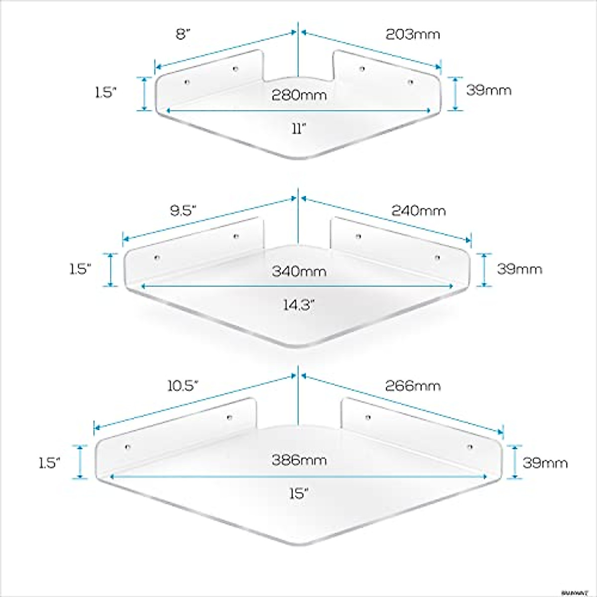 BRAINWAVZ 3-Pack Mixed Size Corner Shelf (8” 9.5” & 10”) for Speakers, Books, Decor, Plants, Cameras, Photos, Kitchen, Bathroom, Routers & More Universal Small Holder Acrylic Wall Shelves (Clear)