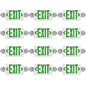 Green LED Exit Sign Emergency Lights with 2 Adjustable Head Lights, Green Letter Emergency Exit Light With Battery backup For Restaurant, Commercial, Family Emergency, UL-Listed 120-277V