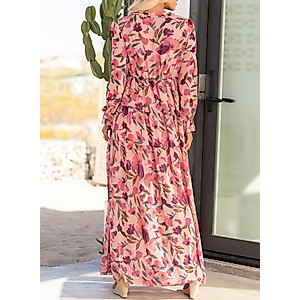 BLENCOT Womens Casual Floral Deep V Neck Long Sleeve Long Evening Dress Cocktail Party Maxi Wedding Dresses Floral Pattern Red Small