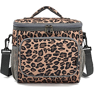 FlowFly Insulated Reusable Lunch Bag Adult Large Lunch Box for Women and Men with Adjustable Shoulder Strap,Front Zipper Pocket and Dual Large Mesh Side Pockets, Leopard