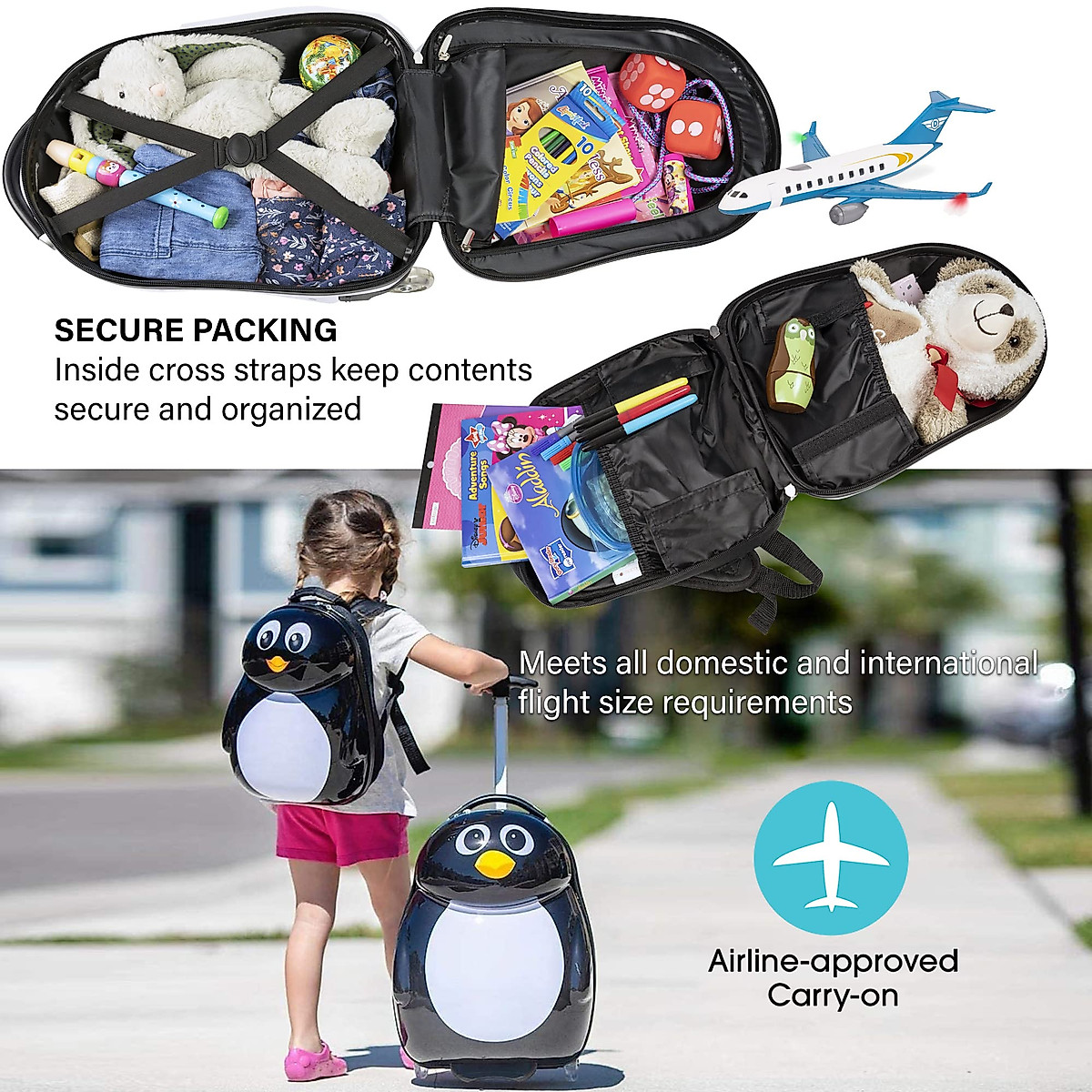 KIDDIETOTES Kids Carry-on Upright Luggage Suitcase and Backpack Set - Smooth Rolling Wheels - Penguin