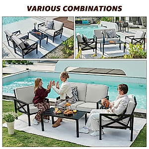NATURAL EXPRESSIONS Outdoor Patio Furniture 4 Pieces Set, Modern Patio Conversation Sets, Outdoor Sectional Metal Sofa with 5.5 Inch Cushion and Coffee Table for Balcony, Garden