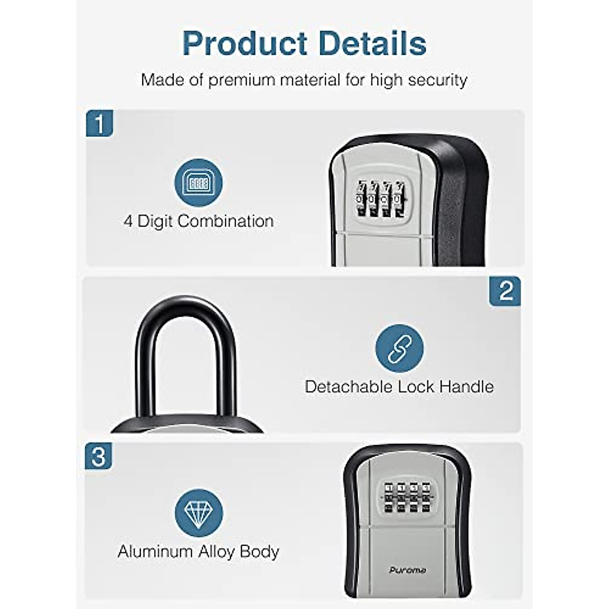 Puroma Key Lock Box, Portable Combination Lockbox Wall-Mounted Key Storage Box for House Keys, Resettable Code Safe Security Lock Box for Home, Office, Garage, Apartment Spare Key Storage (1 Pack)