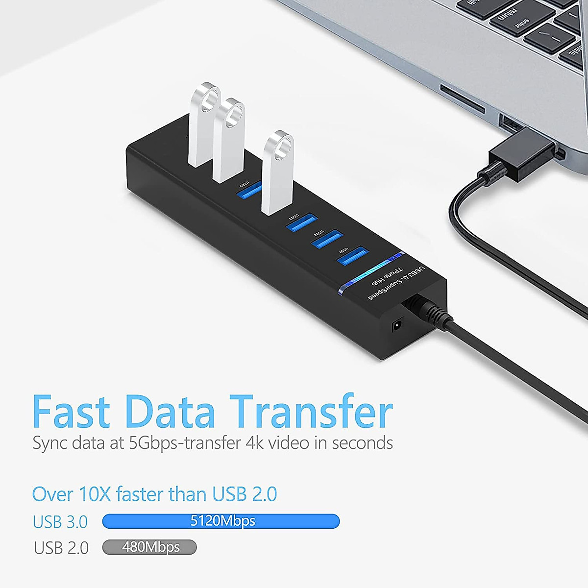 W Come Ture Data Black USB Hub Splitter 7-Port USB 3.0 Hub with 11.8 inch Long Cable Powered USB Hub for Laptop, PC, MacBook, Mac Pro, Mac Mini, iMac, Surface Pro and More