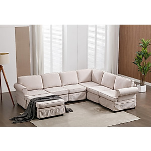 Merax 109.4" Fabric Large Upholstered U-Shape Sectional Sofa Sets, Modular Customizable, Couch with Removable Ottoman for Living Room, 108.6 inch Length, Beige