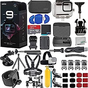 GoPro HERO9 (Hero 9) Black with Deluxe Accessory Bundle - Includes: SanDisk Ultra 64GB MicroSDHC Memory Card, Premium Hard Case for GoPro, Underwater Housing, Helmet Arm Extension Kit & Much More