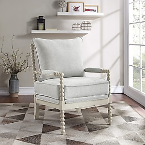 OSP Home Furnishings Kaylee Spindle Accent Chair with Antique White Wood Frame, 26.5” W x 32.25” D x 37” H, Smoke Grey Fabric