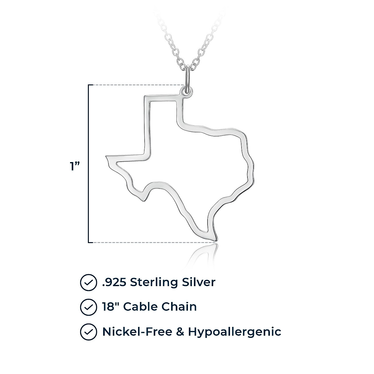 MORGAN & PAIGE Texas State Necklace - Rhodium Plated 925 Sterling Silver Necklace With Texas Shaped Pendant and 18 Inch Cable Chain - Hometown State Patriotic Necklace For Women