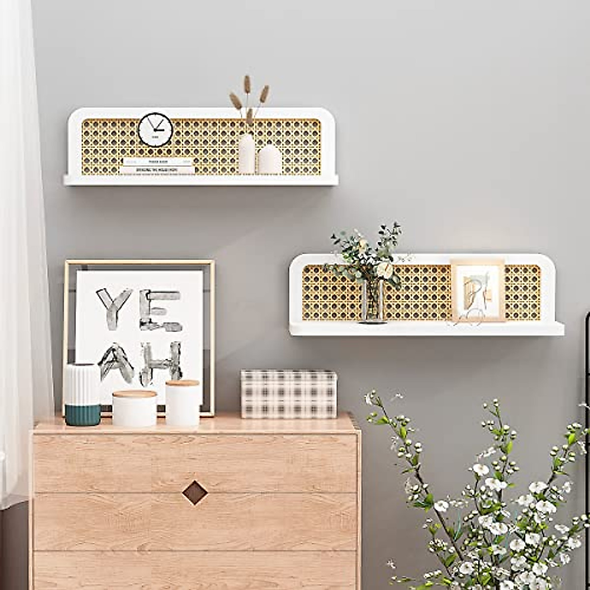 TEPLEDGE White Floating Shelves - Set of 2, Rattan Wall Mounted Hanging Shelves, Decorative Storage Shelves for Bathroom, Kitchen, Living Room & Bedroom