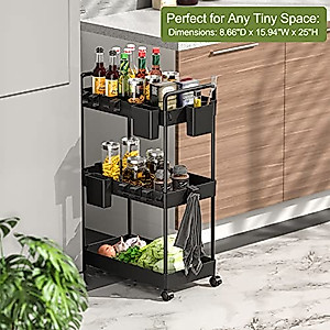 Mosxoed Slim Storage Cart Rolling Utility Cart with Wheels 3 Tier Mobile Bathroom Organizer Cart for Laundry Room Kitchen Office Narrow Space with Handle Hanging Cups Dividers, Black, 29" H