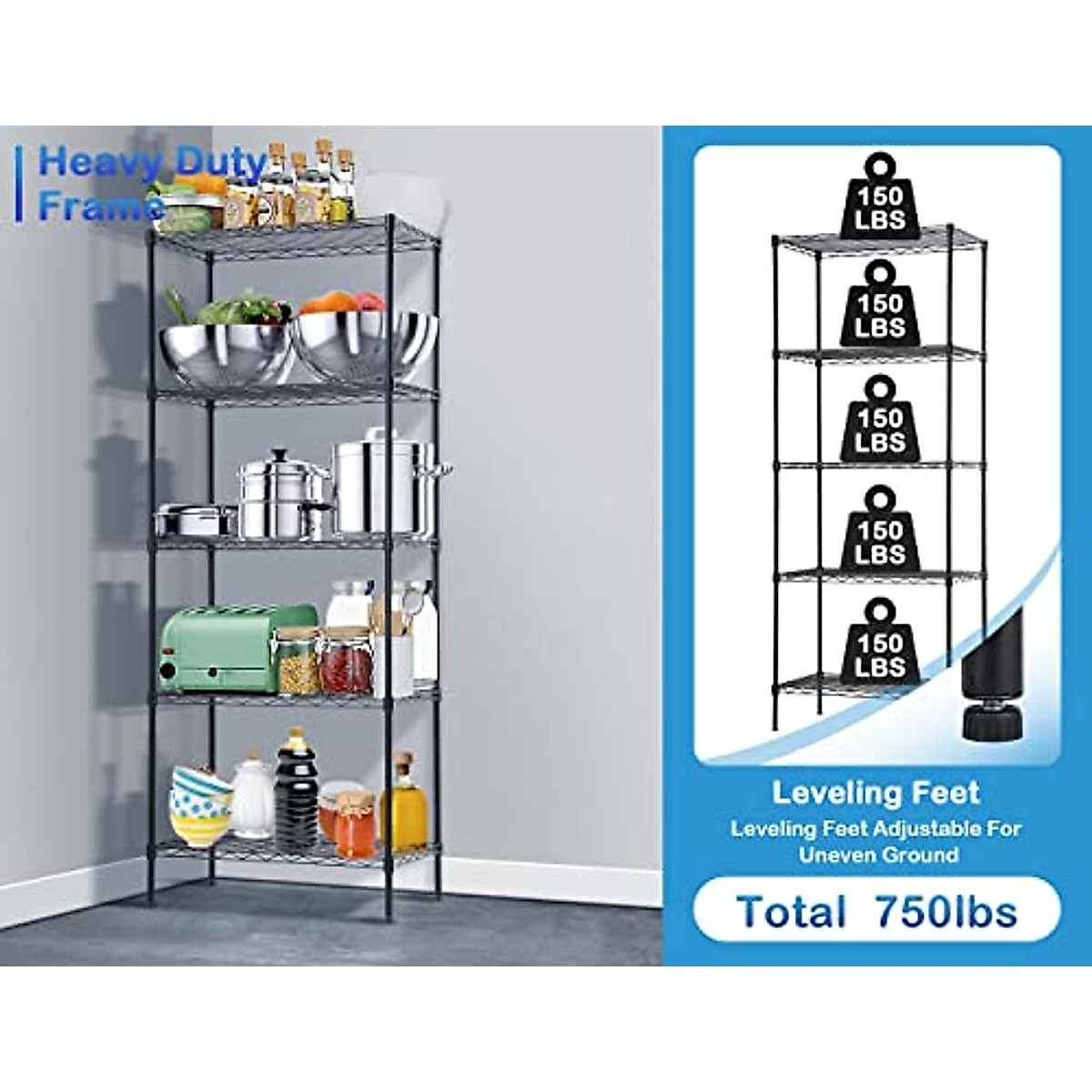 Storage Shelves, 5 Tier Commercial NSF Certified Metal Shelving, Heavy Duty Wire Shelving Unit for Kitchen Restaurant Bathroom Office Pantry, 14"Lx24"Wx60"H Metal Shelves For Storage Utility Shelf