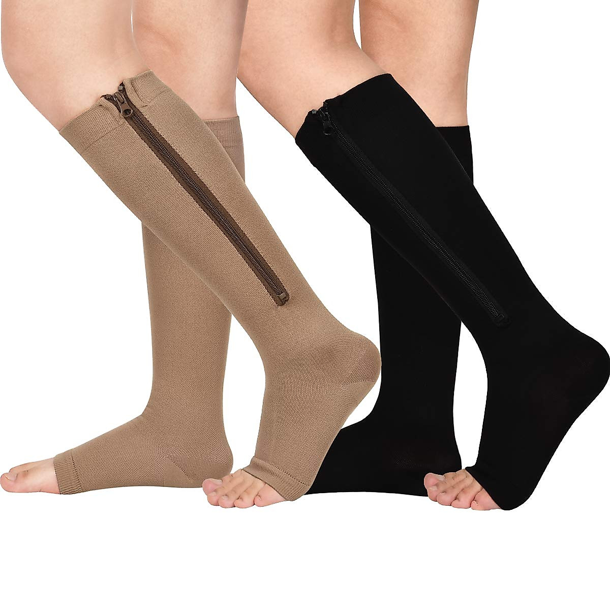 LighSele 2 Pairs Zipper Compression Socks 15-20 mmHg for Men Women, Open Toe
