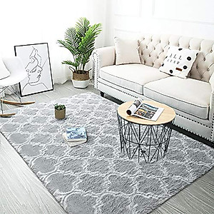 LOCHAS Luxury Shag Area Rug 8x10 Feet Geometric Indoor Plush Fluffy Rugs, Extra Soft and Comfy Carpet, Moroccan Rugs for Bedroom Living Room Dorm Kids Nursery, Light Grey/White