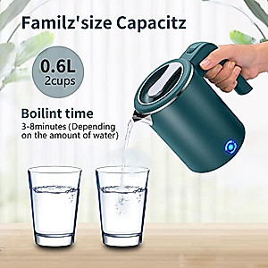 Small Electric Kettle Stainless Steel, 0.6L Portable Travel Kettle with Double Wall Construction, Mini Hot Water Boiler Heater, Electric Tea Kettle for Business Trip, Camping, Travel, Office (Green)