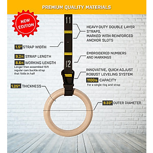 Double Circle Wood Gymnastic Rings 1.25 Inch, with Quick Adjust Numbered Straps and Exercise Videos Guide for Full Body Workout, Crossfit, and Home Gym