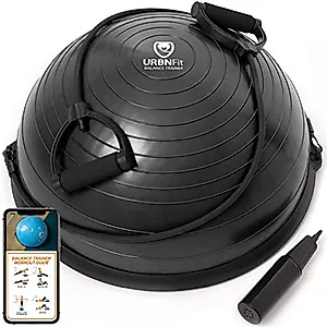 URBNFit Half Balance Ball - Yoga Ball Balance Trainer for Core Stability & Full Body Workout at Home or Gym - Resistance Bands, Pump and Exercise Guide Included - Black