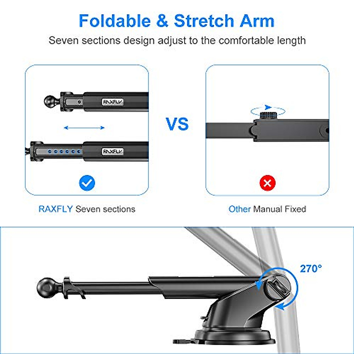 RAXFLY Phone Car Holder Mount Windshield/Air Vent/Dashboard Cell Car Phone Holder for Car 360 Degree Rotation Universal Suction Mount Stand Compatible with iPhone 13 Samsung S21 Plus All Smartphones